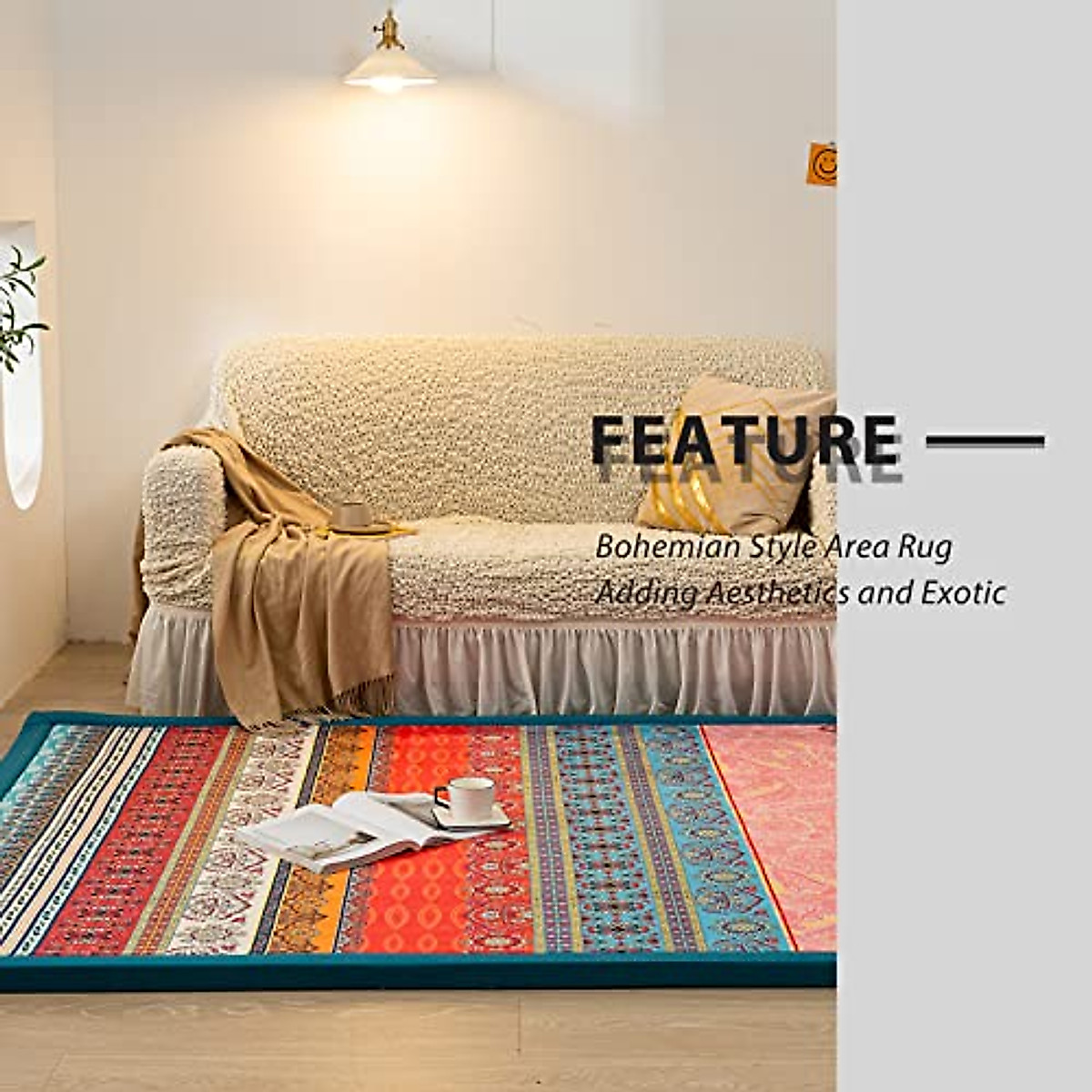 MAXYOYO Bohemian Style Area Rug Living Room Carpet, Thick Memory Foam Tatami Mat Japanese Carpet with Non-Slip Backing, 4.9 ft x 6.6 ft Large Floor Rug Mat for Bedroom