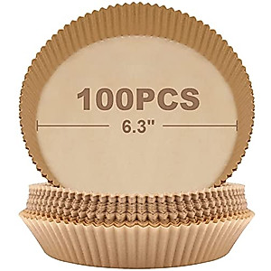 (100Pcs) Puricon Air Fryer Disposable Paper Liners, 6.3” Non-Stick Round AirFryer Parchment Paper for Baking Microwave, Food Grade Oil-Proof Unbleached -6.3 Inch