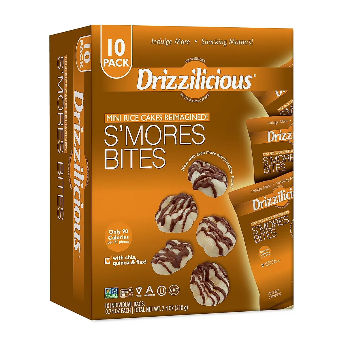 Drizzilicious S'mores 10 Pack | Mini Snack Chocolatey Rice Cakes | Vegan Air Popped Chia, Quinoa, Flax Smore Snacks