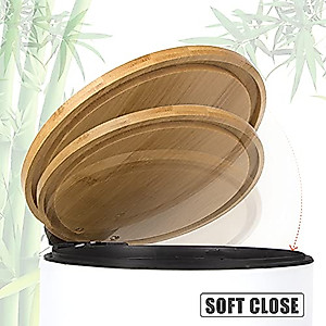 SIDIANBAN Small Bathroom Trash Can with Bamboo Lid Soft Close and Foot Pedal, 1.3Gal/5L Round Garbage Can with Removable Inner Wastebasket for Bedroom, Powder Room, Craft Room, Office, Kitchen, White