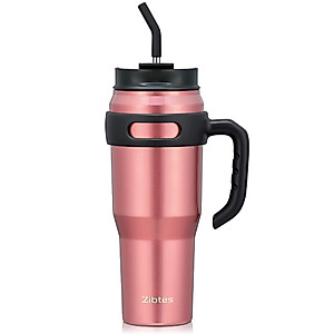Zibtes 40oz Insulated Tumbler with handle and Lid Straws, Stainless Steel Travel Coffee Cup Holder Friendly, Metal Water Bottle Keeps Drinks Cold up to 34 Hours(Rose gold 1 pack)