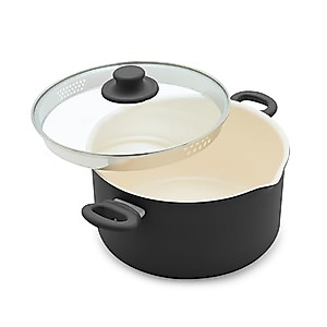 GreenLife 6QT Ceramic Nonstick Stockpot with Glass Straining Lid, PFAS & PFOA-Free, Dishwasher Safe, Stay-Cool Handles, Oven Safe to 350°F, Wobble-Free Base, Even Heating, Black