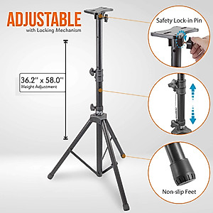 Pyle Universal Speaker Stand - Mount Holder Heavy Duty Rubber Capped Tripod, Adjustable Height from 36.2 x 58.0 inches; Locking Safety PIN and 35mm Compatible Insert; On-Stage or In-Studio Use- PSTND1,Black