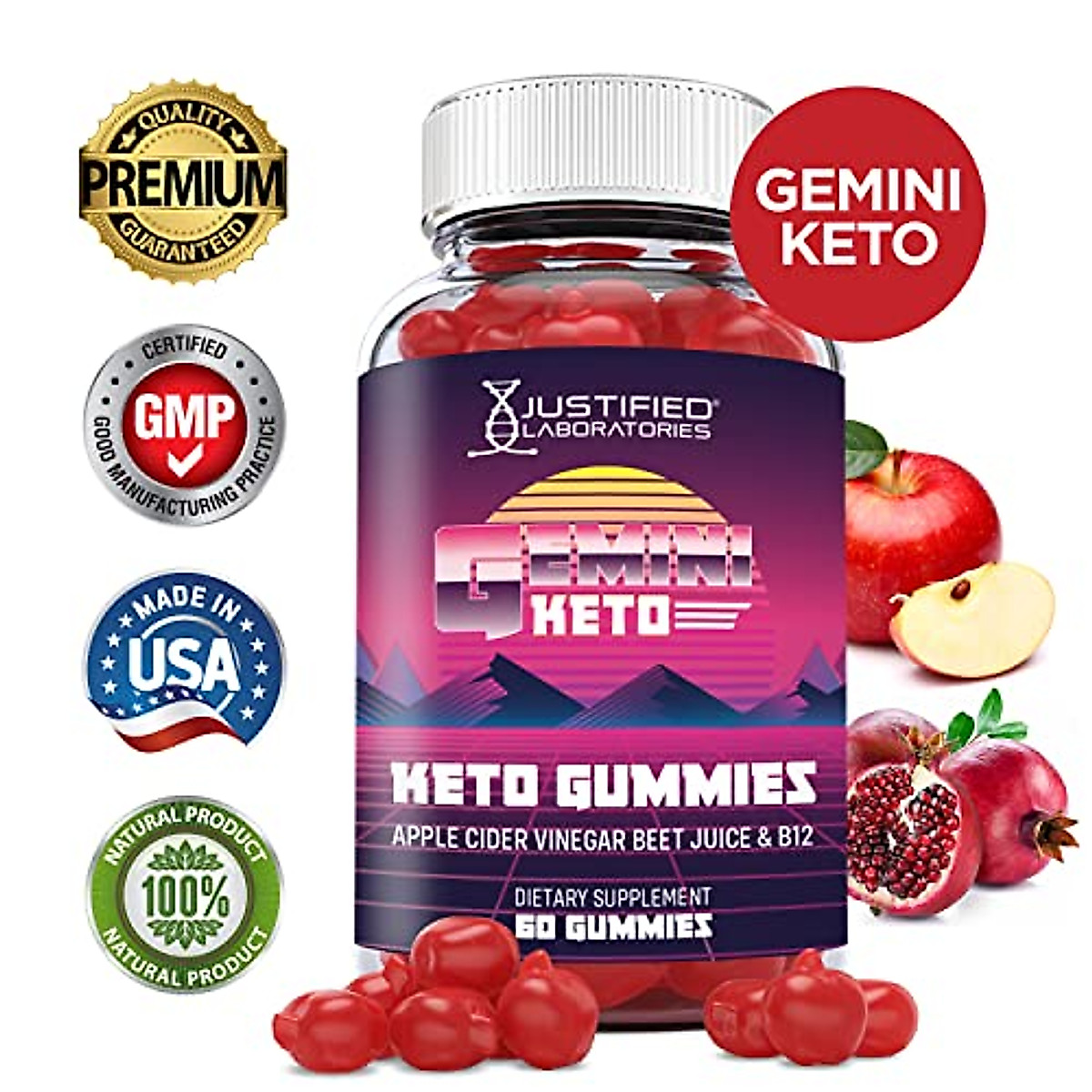 Justified Laboratories (10 Pack) Gemini Keto Gummies 1000MG ACV with Pomegranate Juice Beet Root B12 600 Gummys