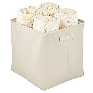 mDesign Soft Cotton Fabric Bathroom Storage Bin and Handles - Organizer for Towels, Toilet Paper Rolls - for Closets, Cabinets, Shelves - Textured Weave - Cream/Beige