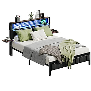 Bestier Queen Bed Frame with Upholstered Headboard and Charging Station, Foldable Bedside Shelves Storage, LED Metal Platform Bed, Easy Assembly, Black, Walnut