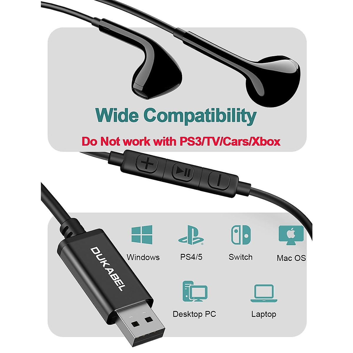 DUKABEL USB Wired Earbuds, USB Headphone with Mic for PC/ PS4/ PS5, 6FT in-Ear Stereo Earphones Headsets with Volume Control for Office Live Broadcast Gaming