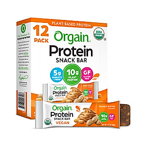 Orgain Organic Vegan Protein Bars, Peanut Butter - 10g Plant Based Protein, Low Calorie Healthy Snacks, No Lactose or Soy Ingredients, Gluten Free, Non-GMO - 1.41 Oz (Pack of 12)