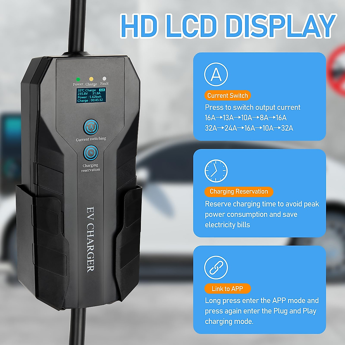 EV Charger Level 2, 8 to 32Amp - 240V Portable Electric Car Charger Nema 14-50 Plug WiFi & Bluetooth Enabled EVSE EV Charger 25FT Cable