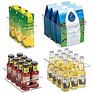 Plastic Refrigerator Organizer Bins - 4 Piece Clear Fridge Organizers with Handles, Fridge Organization Bin Set, Clear Plastic Freezer Storage Bins, Plastic Storage Bins for Cabinets, Pantry
