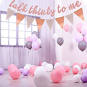 Talk Thirty to Me Banner Happy 30th Birthday Anniversary Banner and Cake Topper Triangle Flag Banner for Men Women 30th Birthday Party, Pre-Strung (Pink)