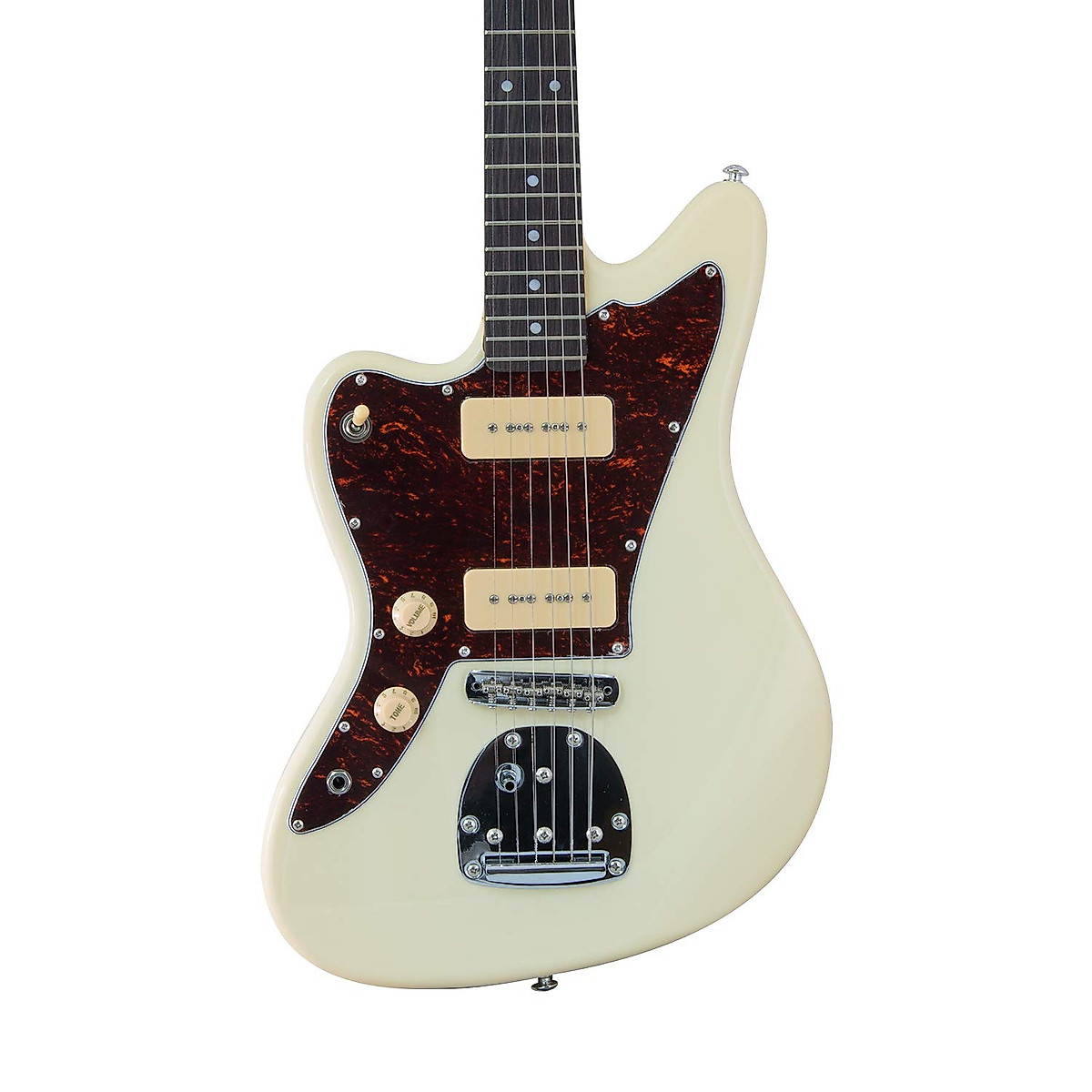 CNZ Audio JM Electric Guitar - Left Handed - Ivory Body, Amber Maple Neck, Rosewood Fingerboard & 3ply Tortoise Pickguard
