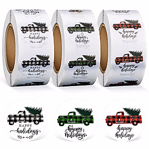 1500 Pieces Holiday Stickers Christmas Envelope Stickers Vintage Season Greetings Stickers Buffalo Check Plaid Pickup Truck with Tree Holiday Stickers for Envelopes Retro Winter Labels