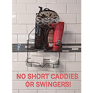 Gecko-Loc Long Adjustable Length Deep Storage Over the Showerhead Hanging Shower Caddy Organizer - Silver