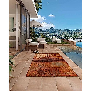 Burnt Orange Outdoor Rug for Patio/Deck/Porch, Modern Geometric Non-Slip Large Area Rug 5 x 8 Ft, Abstract Art Oil Painted Indoor Outdoor Rugs Washable Area Rugs, Reversible Camping Rug Carpet Runner