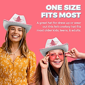 White Cowgirl Hat - (pack Of 2) Adult Size Pink Star Cowboy Hats For Women With Sequin Trim Fringe, Adjustable Neck Drawstring, White Cowboy Hat For Costume Party, Play Dress-up Fits Most Women