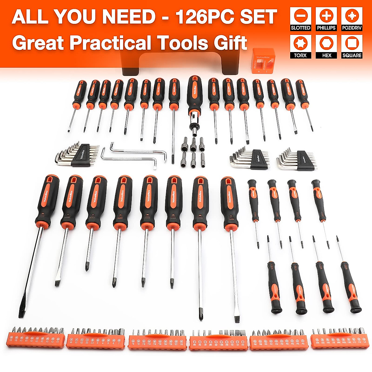 ValueMax 126PC Magnetic Screwdriver Set with Plastic Racking Organizer, Magnetizer Demagnetizer, DIY Tools & Equipment for Men Women Mechanic, Herramientas Tool Bit Kit Home Improvement Gift