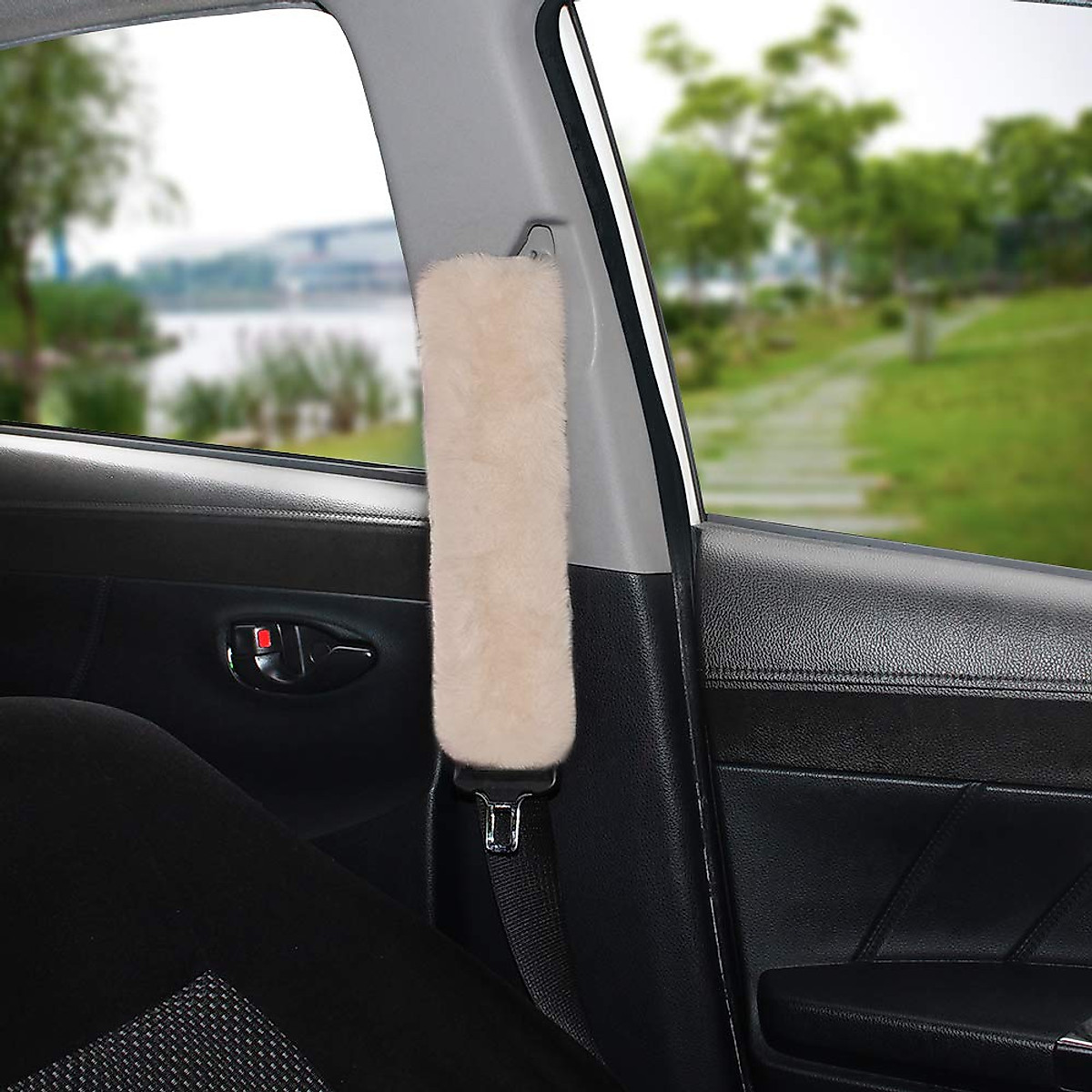 GAMPRO Seat Belt Pads Long 13 inch Faux Rex Rabbit Fur, Soft Comfortable Car Safety Seat Belt Strap Shoulder Pad for Adults and Children 2-Pack(Brown)
