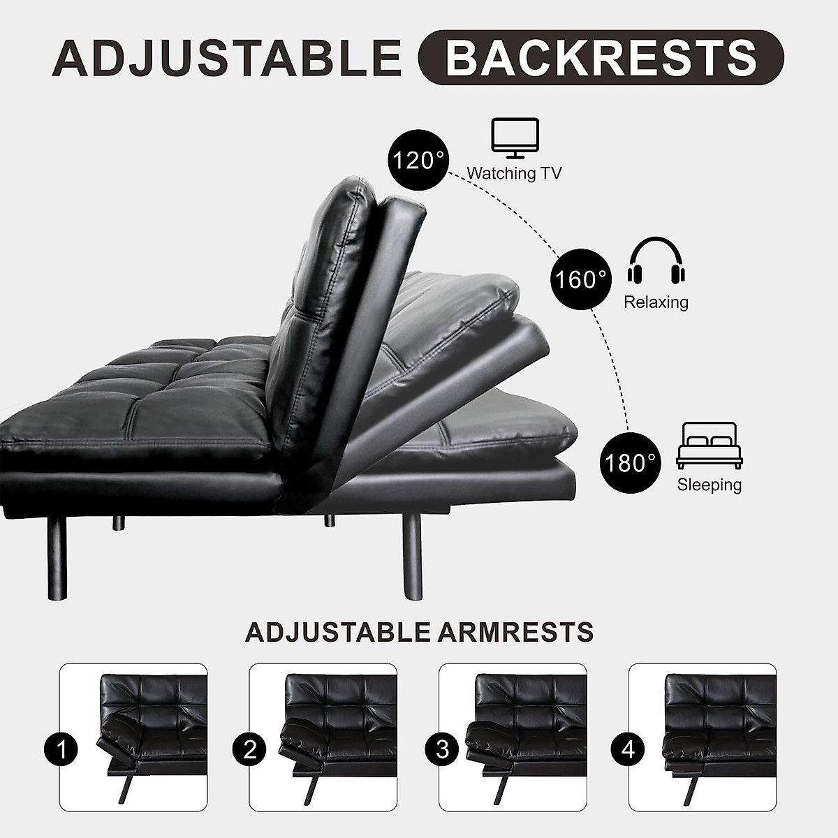 MUUEGM Futon Sofa Bed Memory Foam Convertible Couch Sleeper,Modern Faux Leather Love Seat for Living Room Small Space Apartment Office,Adjustable Backrest Armrest,71" Sofabed, Black-New