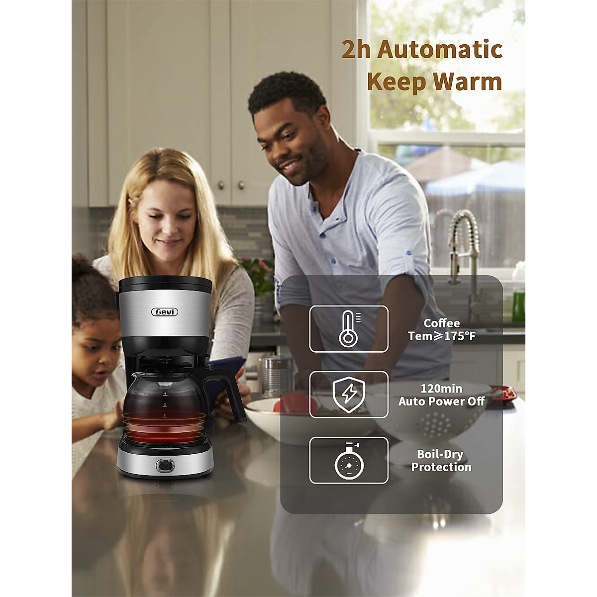 Gevi 4-Cup Coffee Maker with Auto-Shut Off, Small Drip Coffeemaker Compact Coffee Pot Brewer Machine with Cone Filter, Glass Carafe and Hot Plate, Stainless Steel Finish