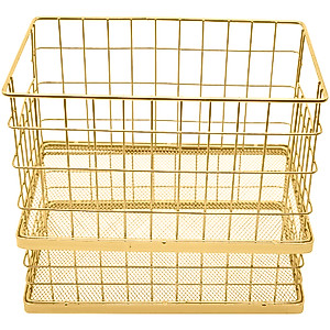 Set of 2 Stackable 10" Metal Wire Storage Basket Bins With Handles (Gold Woven Mesh Base)