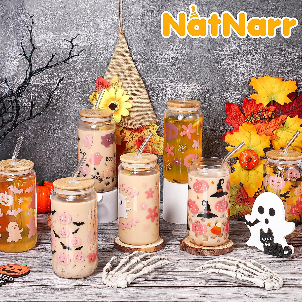 8 Pcs Pink Ghost Halloween Glasses Cups, 16 oz Cute Halloween Spooky Glass Cups with Lids and Straws Ghost Pumpkin Bat Iced Coffee Cups, Glasses Drinking for Halloween Party Gift