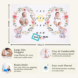 Twin Elephant Milestone Blanket Soft Premium Flannel Fleece Baby Monthly Milestone Blanket Personalized Photography Background Blankets Unisex Twin Gifts