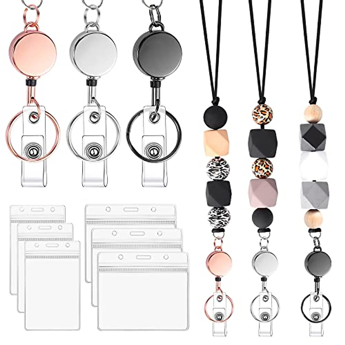 9 in 3 Set Retractable Lanyard for ID Badges, Teacher Lanyard with ID Holder Beaded Lanyards for Women