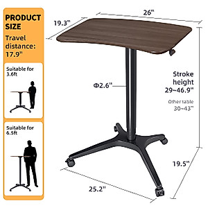 HAOOAH Pneumatic Adjustable Height Desk, Laptop Standing Desk, Rolling Sit-Stand Cart, Mobile Podium Portable Lectern for Home, Office& Classroom, 26" 19.3" Platform (29" to 46.9" H)，Brown