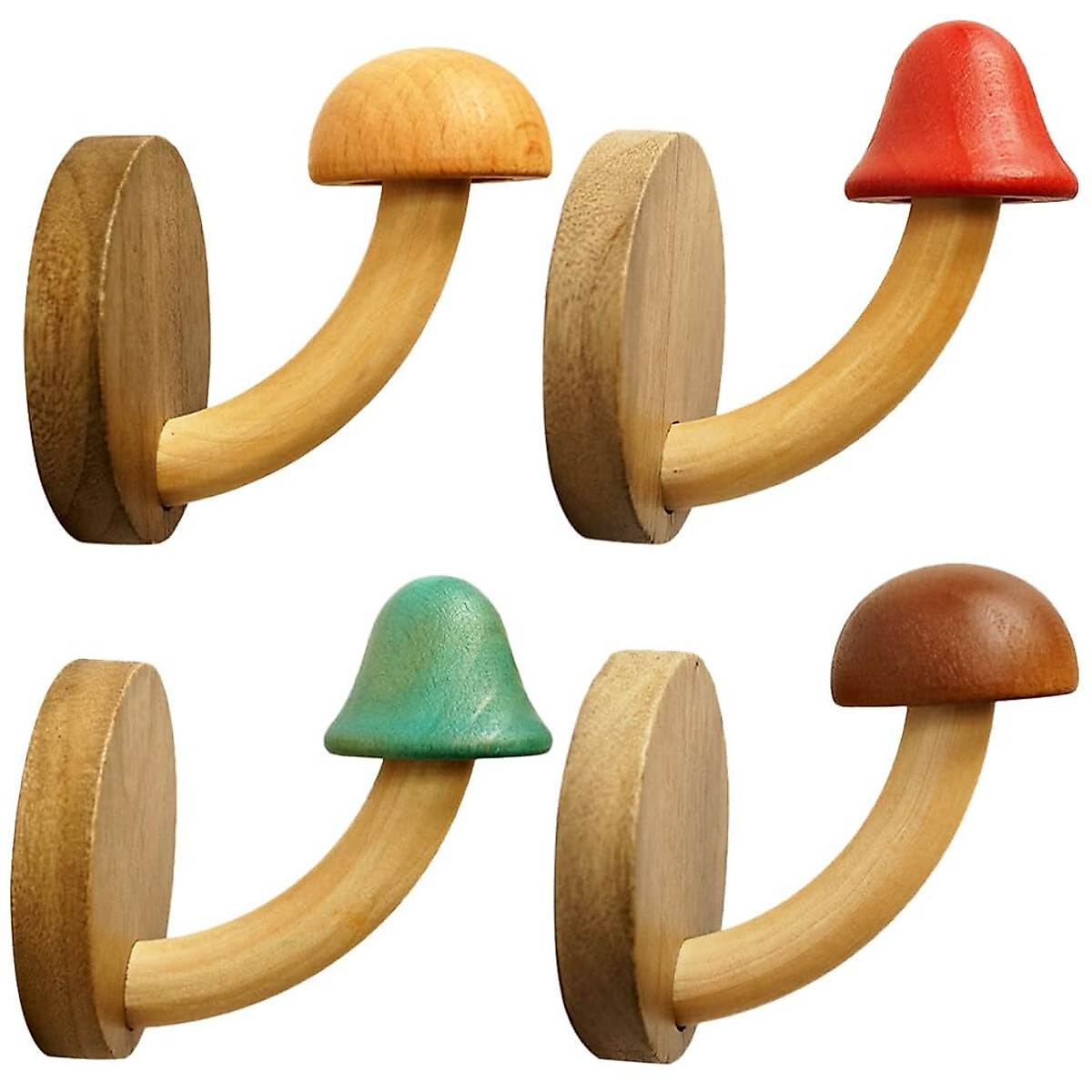 PRETYZOOM Mushroom Wall Hooks: 4pcs Wooden Mushroom Wall Hanging Hook, No Punching Wall Hanger, Decorative Wall Hook Hooks for Hanging Towels Hat Coat