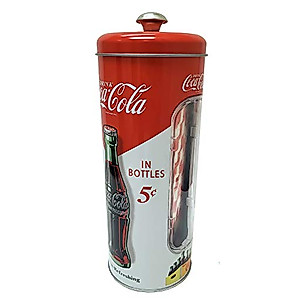 The Tin Box Company Coke Holder Tin with 20 Paper Straws Inside, 3-3/8 x 8-1/4"H, Red and White