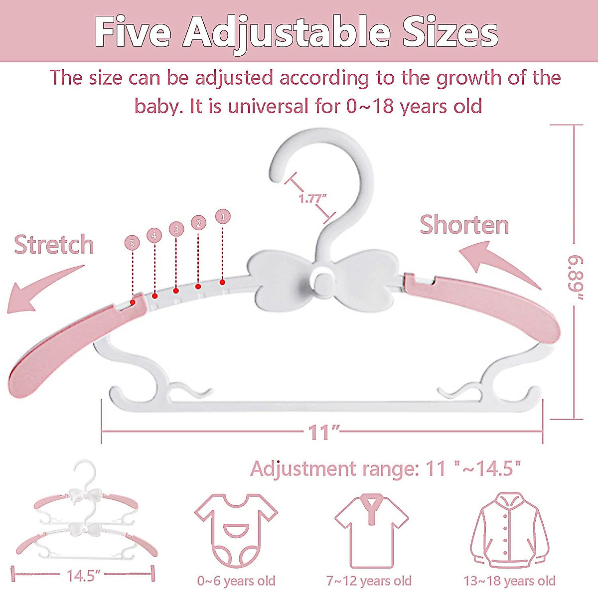 WJWSKI Baby Hangers for Closet - 20 Pack Baby Clothes Hangers,Adjustable Baby & Kids Hangers for Nursery,Cascading Plastic Childrens Hangers & Infant Hangers for Closet- Space Saving