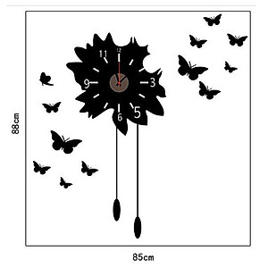 KXA Personality Mute Wall Clock, Butterfly Flower 3D Big Wall Clock Rushed Mirror Wall Sticker DIY Living Room Home Decor Watches Wall Clocks 30 90cm