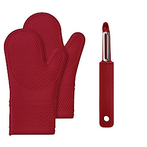 Gorilla Grip Silicone Oven Mitts Set of 2 and Vegetable Peeler, Both in Red Color, Oven Mitts Have Soft Quilted Lining, Peeler Has Swivel Blade, 2 Item Bundle