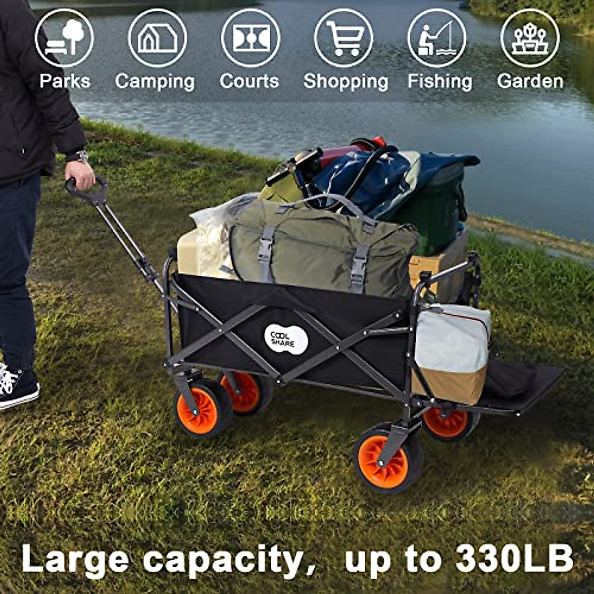 Collapsible Wagon with Big Wheels,Portable Folding Beach Wagon Cart with 330Lbs Capacity,Heacy Duty Utility Foldable Wagon Cart with Aluminum Table and Gate Open Desgin for Camping,Garden(Navy Blue)