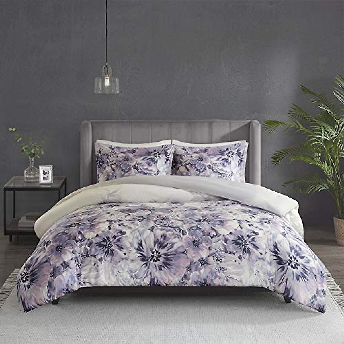 Madison Park Enza 100% Cotton Duvet Beautiful Floral Design All Season, Breathable Comforter Cover Bedding Set, Matching Shams, Full/Queen(90"x90"), Purple 3 Piece
