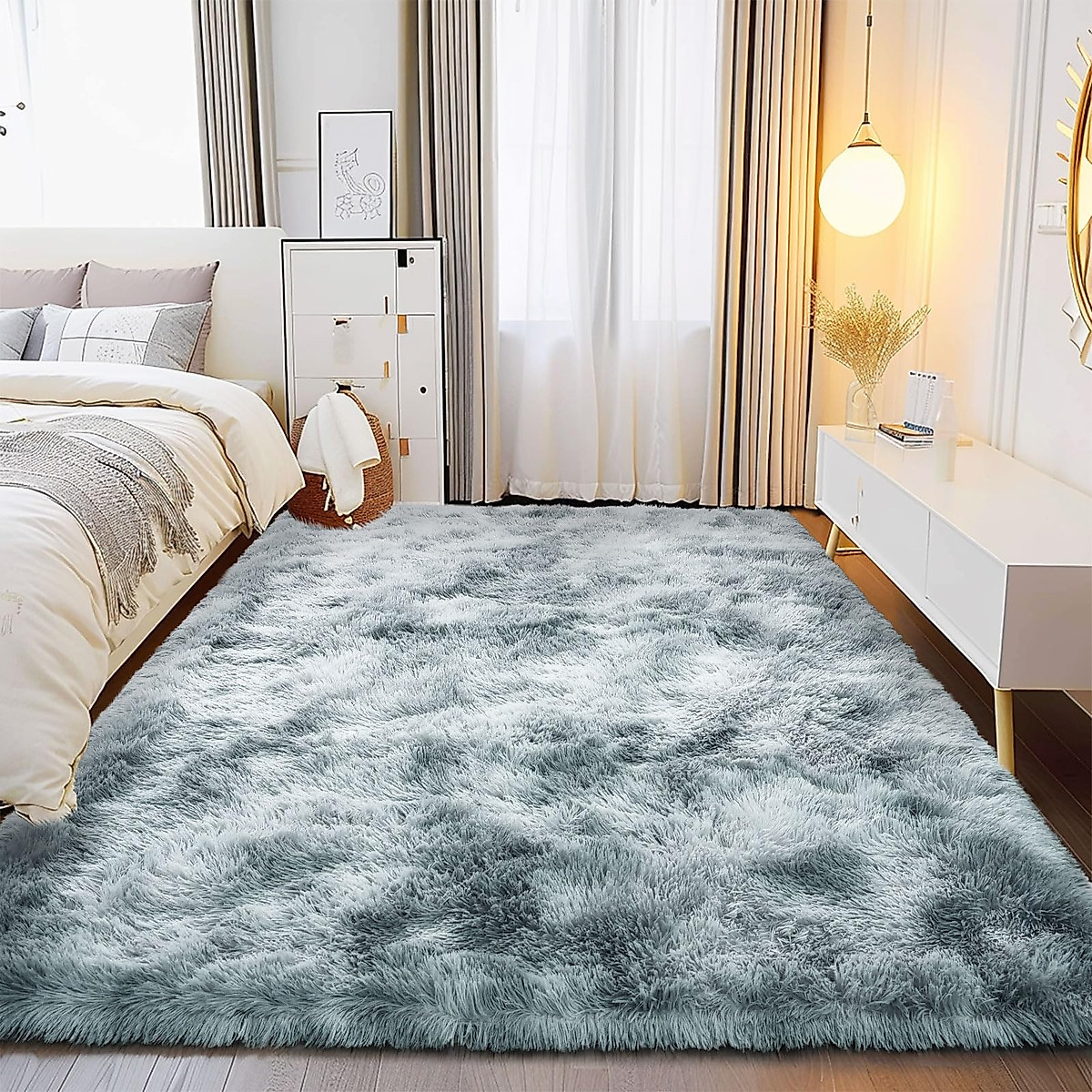 Isdook Fluffy Rug for Living Room Shaggy Soft Area Rug Plush Area Rugs for Bedroom Room Tie-Dyed Silver Grey Fuzzy Rug, Rectangle 8x10 Feet