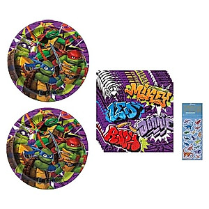 TMNT Teenage Mutant Ninja Turtles Birthday Party Supplies Bundle includes 16 Dessert Cake Plates, 16 Napkins, 1 Dinosaur Sticker Sheet