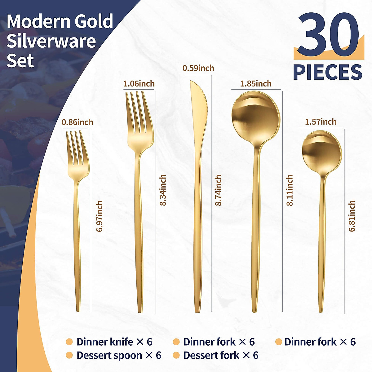 Joincook Matte Gold Silverware Set,30 Piece Stainless Steel Modern Flatware Set,Brushed Cutlery Set Service for 6,Satin Finish Utensils Set,Home Kitchen and Restaurant,Dishwasher Safe