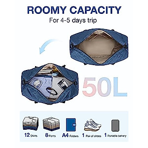 Travel Duffle Bag, BAGSMART 50L Large Carry On Bag Weekender Overnight Bag for Men Women with Cosmetic Bag & Shoes Compartment, Navy Blue