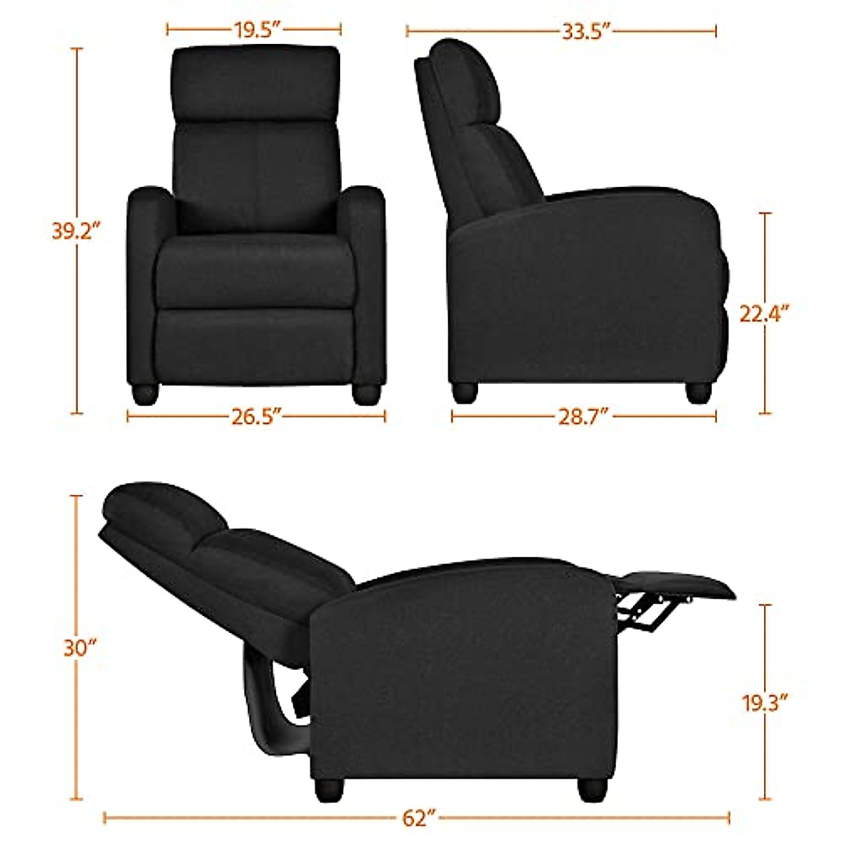 Yaheetech 2-Seat Fabric Pushback Recliner Chair with Thick Seat Cushion and Backrest Reclining Chair for Living Room Home Theater Matte Black