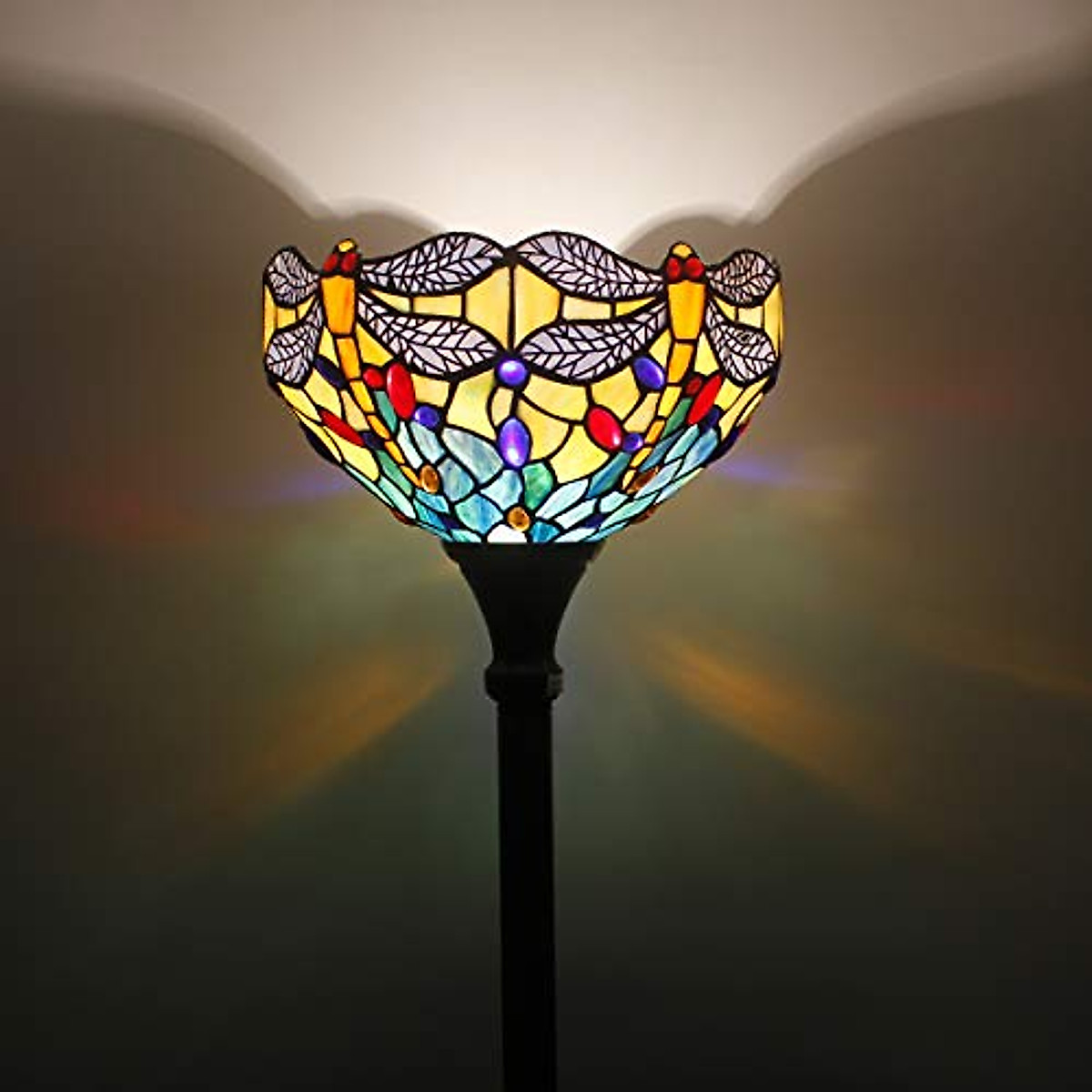 WERFACTORY Tiffany Floor Lamp Sea Blue Yellow Stained Glass Dragonfly Light 12X12X66 Inches Pole Torchiere Standing Corner Torch Uplight Decor Bedroom Living Room Home S128 Series