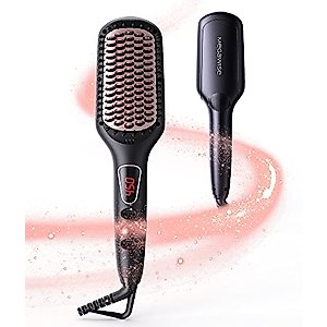 MEGAWISE Pro Ceramic Ionic Hair Straightener Brush for Home Salon, Straightening Hair Brush with 20s Heating Tech, Auto-Off, Anti-Scald with Universal Dual Voltage,Rotatable Power Cord, Black