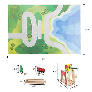 Wooden Train Set with Play Mat for Kids - Includes Deluxe Wood Tracks, Train Cars, Boats, Accessories for Boys and Girls by Hey! Play!