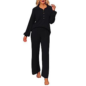 Pink Queen Women's 2 Piece Workout Set V Neck Button Pullover Sweater Top Wide Leg Pants Loungewear Sweatsuits Black L