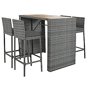 Tidyard 5-Pieces Outdoor Patio Wicker Bar Set, Bar Height Chairs with Non-Slip Feet and Fixed Rope, Removable Cushion, Acacia Wood Table Top Dining Set for Garden Patio Balcony
