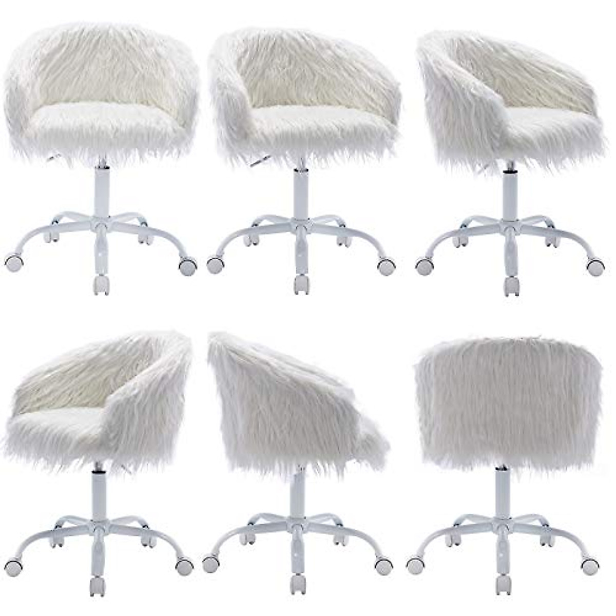 Hi&Yeah Cute Unicorn Faux Fur Desk Chair with Roller Wheel, Comfy Fluffy Adjustable Height Home Office Chair for Teens Adults Study Room Bedroom, White