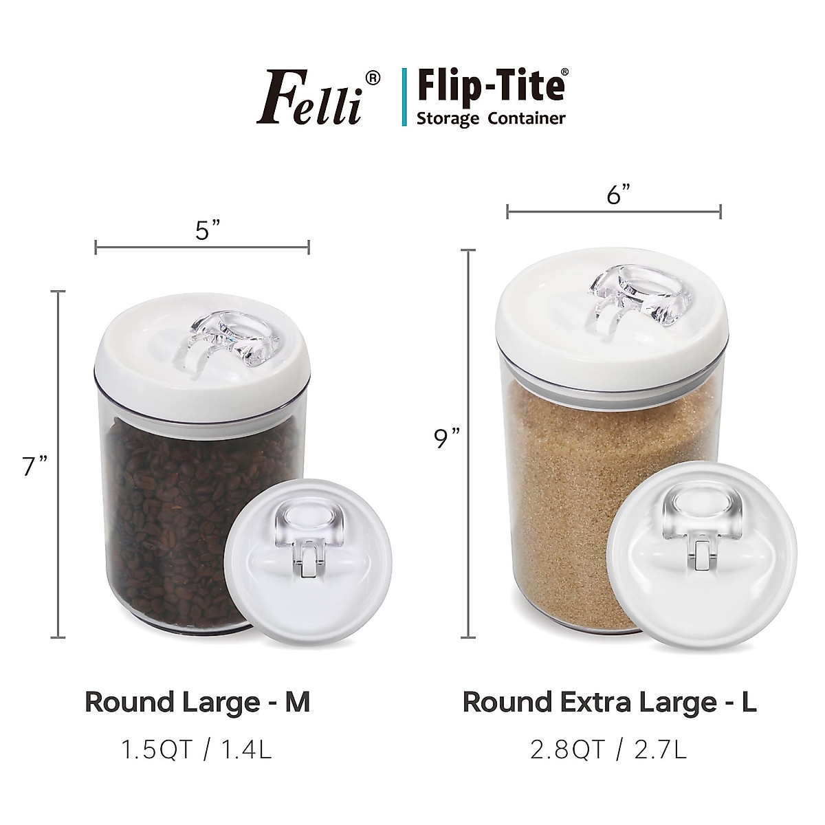Felli Flip Tite Storage Container with Lid 6" ROUND Airtight Ring Lock Top, Plastic Canister Jar for Flour Sugar Rice Protein Powder Coffee Cracker Kitchen Pantry Organizer (1, 6" Round Nest-M 2pk)