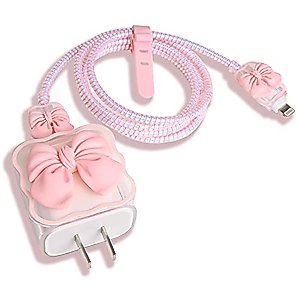 QLD COVER iPhone/iPad 18W/20W USB-C Charger Cover Cute 3D Bow Tie Design Clear Soft Charger Protector Kawaii Cable Saver for iPhone 11 12 13 14 Pro Max Fast Power Adapter, Bow Pink (5 in 1)