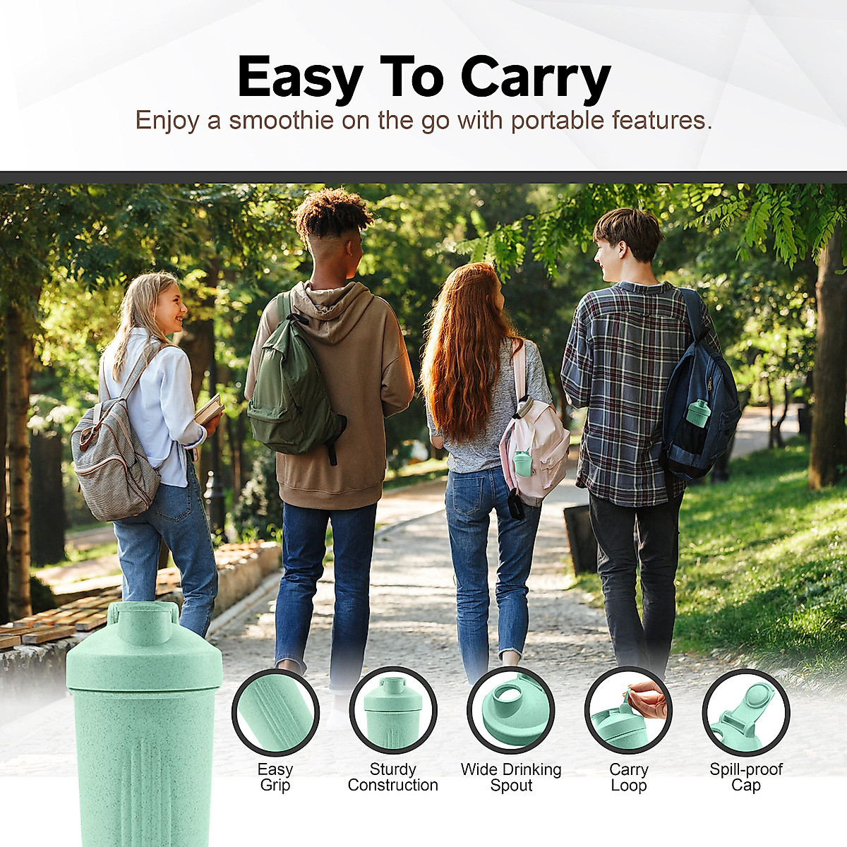 Healthier Comforts Shaker Bottle | Eco Friendly Protein Shaker Bottle w/Mixer Ball, 24oz (700ml) | BPA Free Blender Cup w/Sustainable Wheat Straw | Dishwasher Safe, Drink Shaker Cup (Mint)